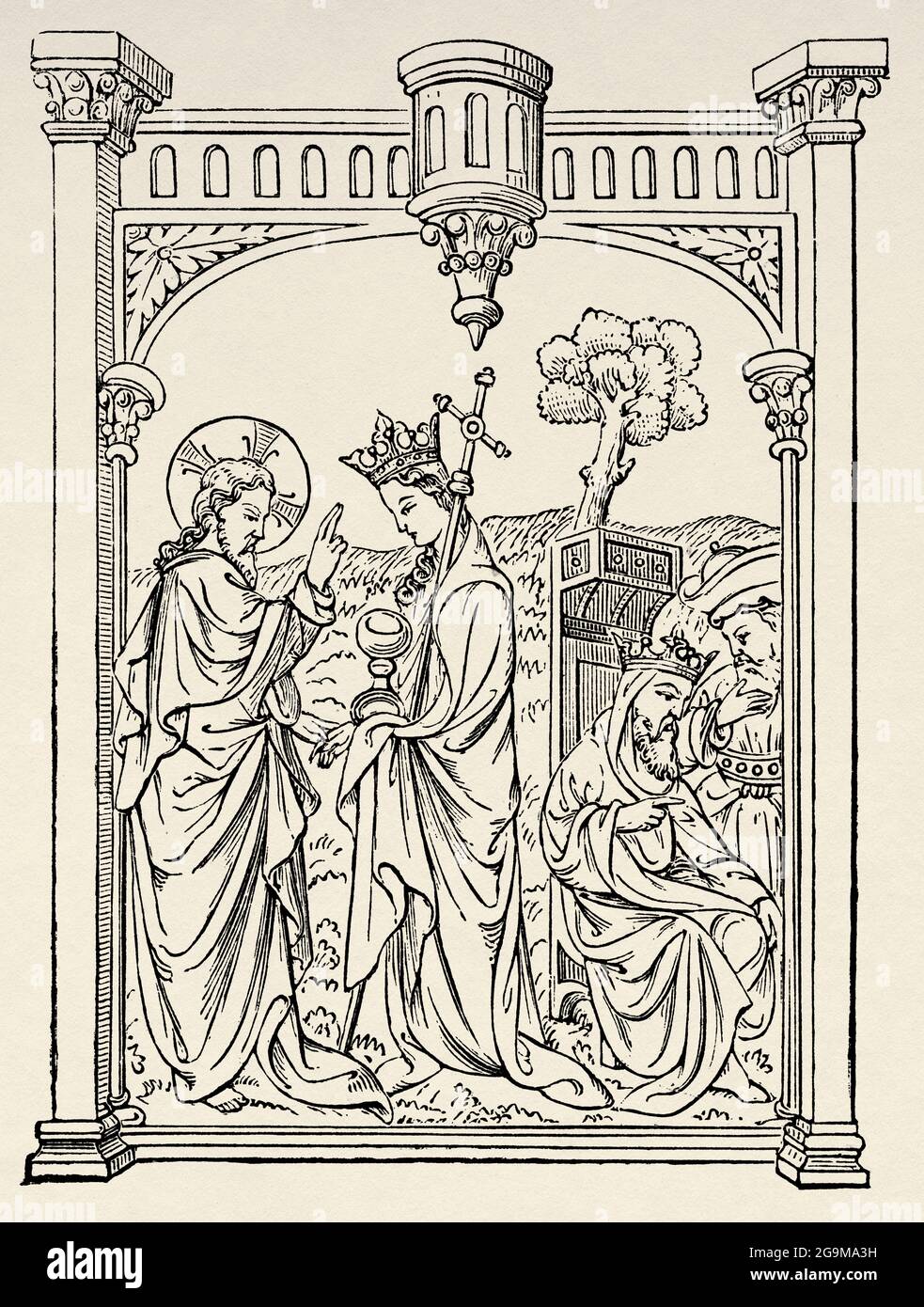 Jesus Christ blesses the Church, antique engraving of a bible from the ...