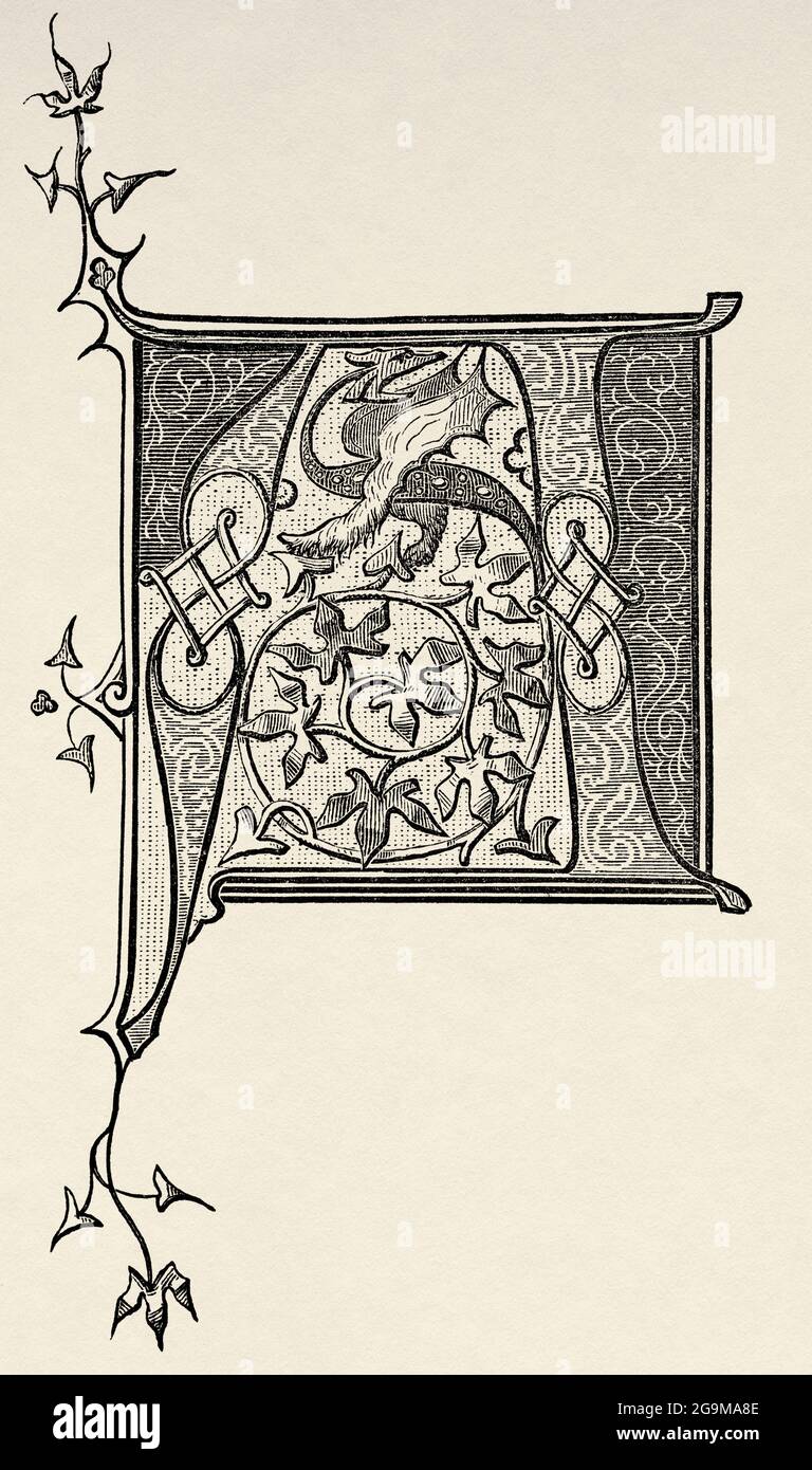 Initial capital letter A, 14th Century. Old 19th century engraved ...