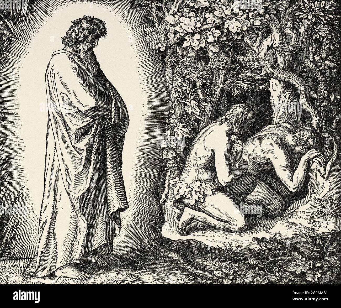 Genesis. The Fall of Man, Adam and Eve in the Garden of Eden. Sacred biblical history Old ...