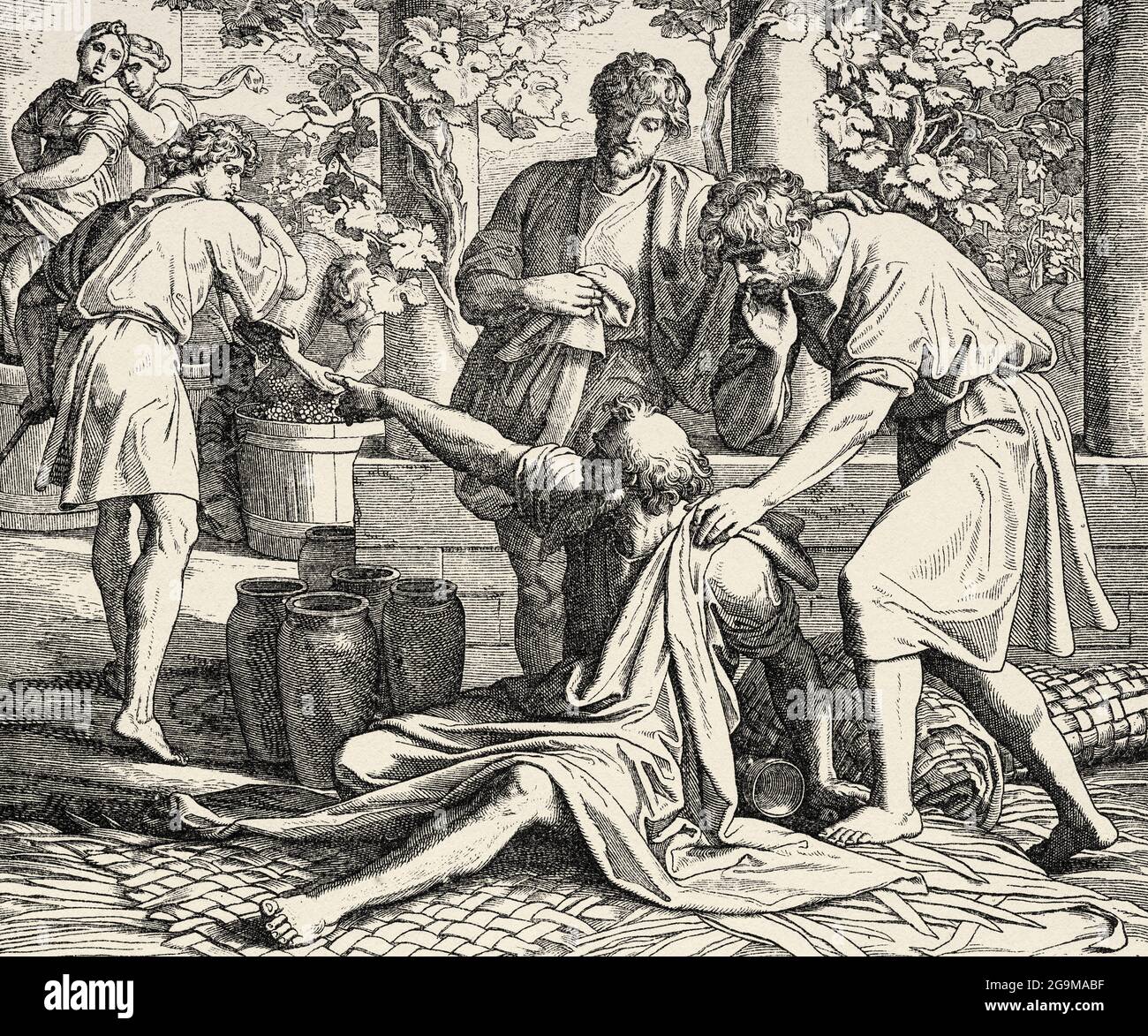 Genesis. Noah and his sons Sem, Cham and Japhet. Father malediction and ...