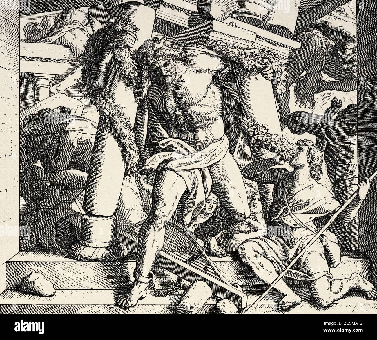 Samsons and Delilah. Samson knocks down the columns. Revenge and dead ...