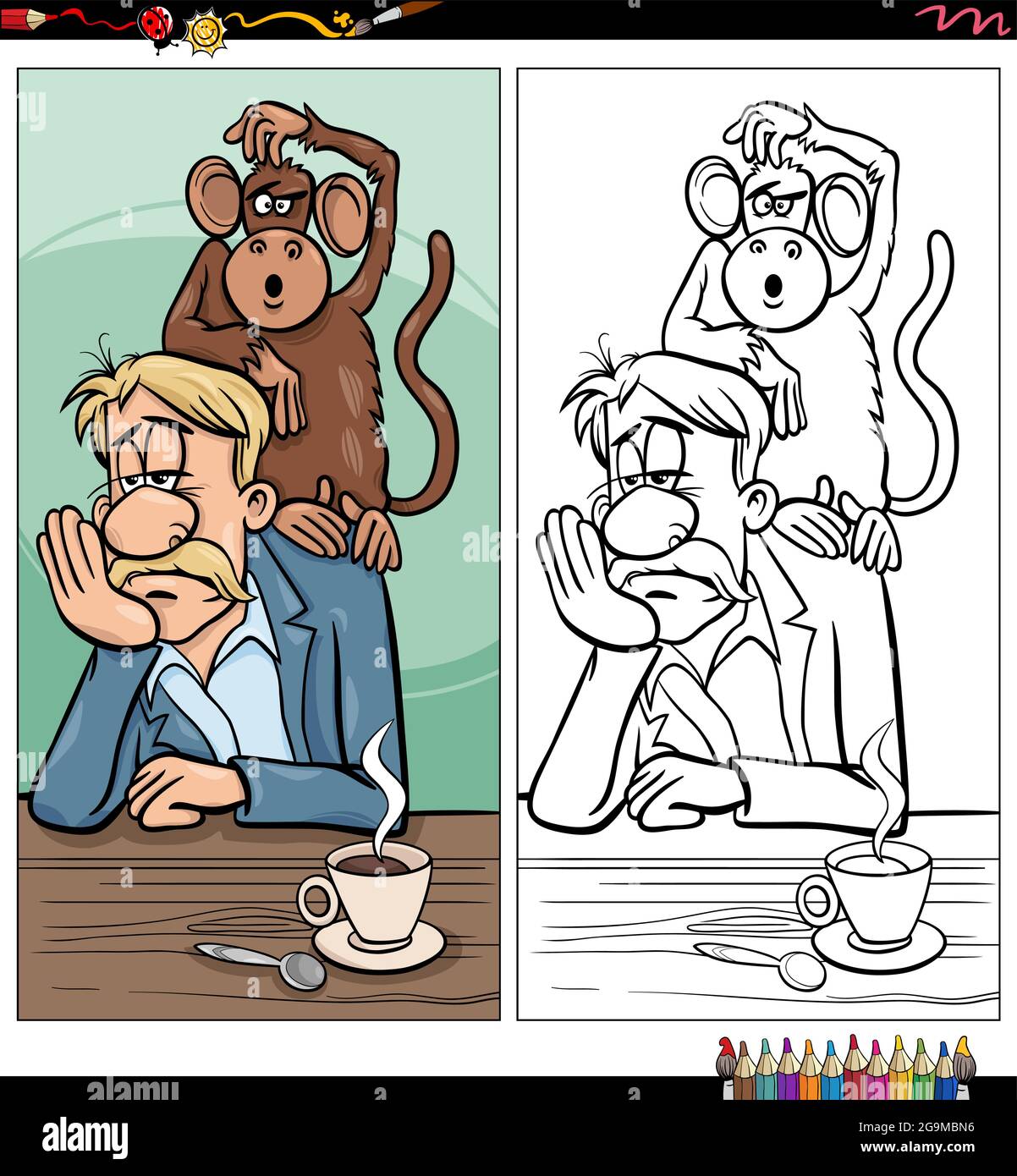 Cartoon illustration of monkey on your back proverb with comic ...
