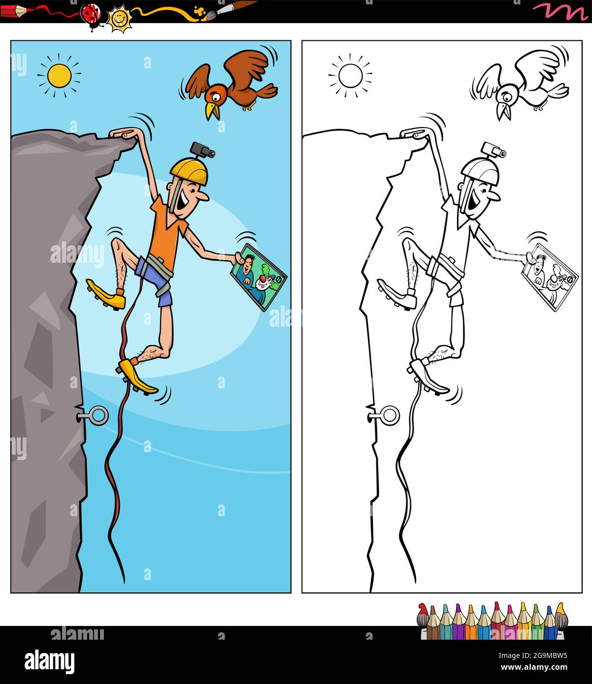 Cartoon illustration of climber comic character coloring book page ...