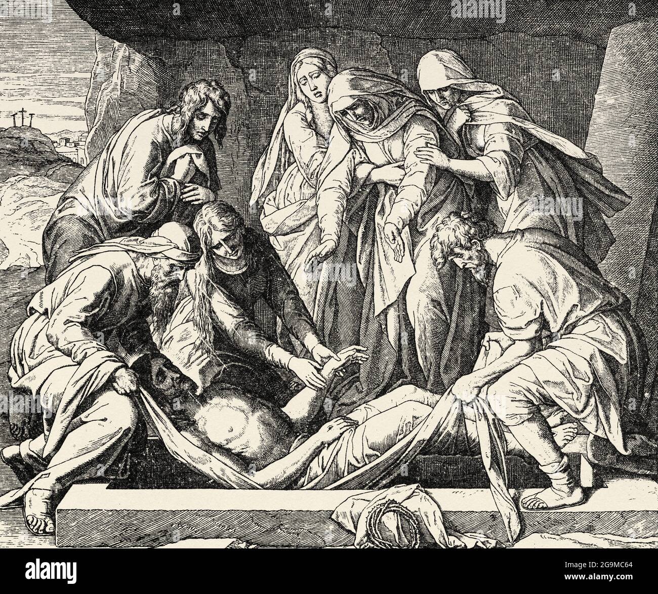 Jesus is laid into the grave. Joseph of Arimathea and Nicodemus bury ...