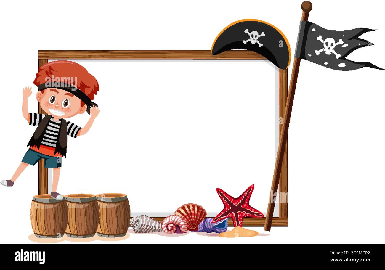 A pirate boy cartoon character with blank banner template illustration ...