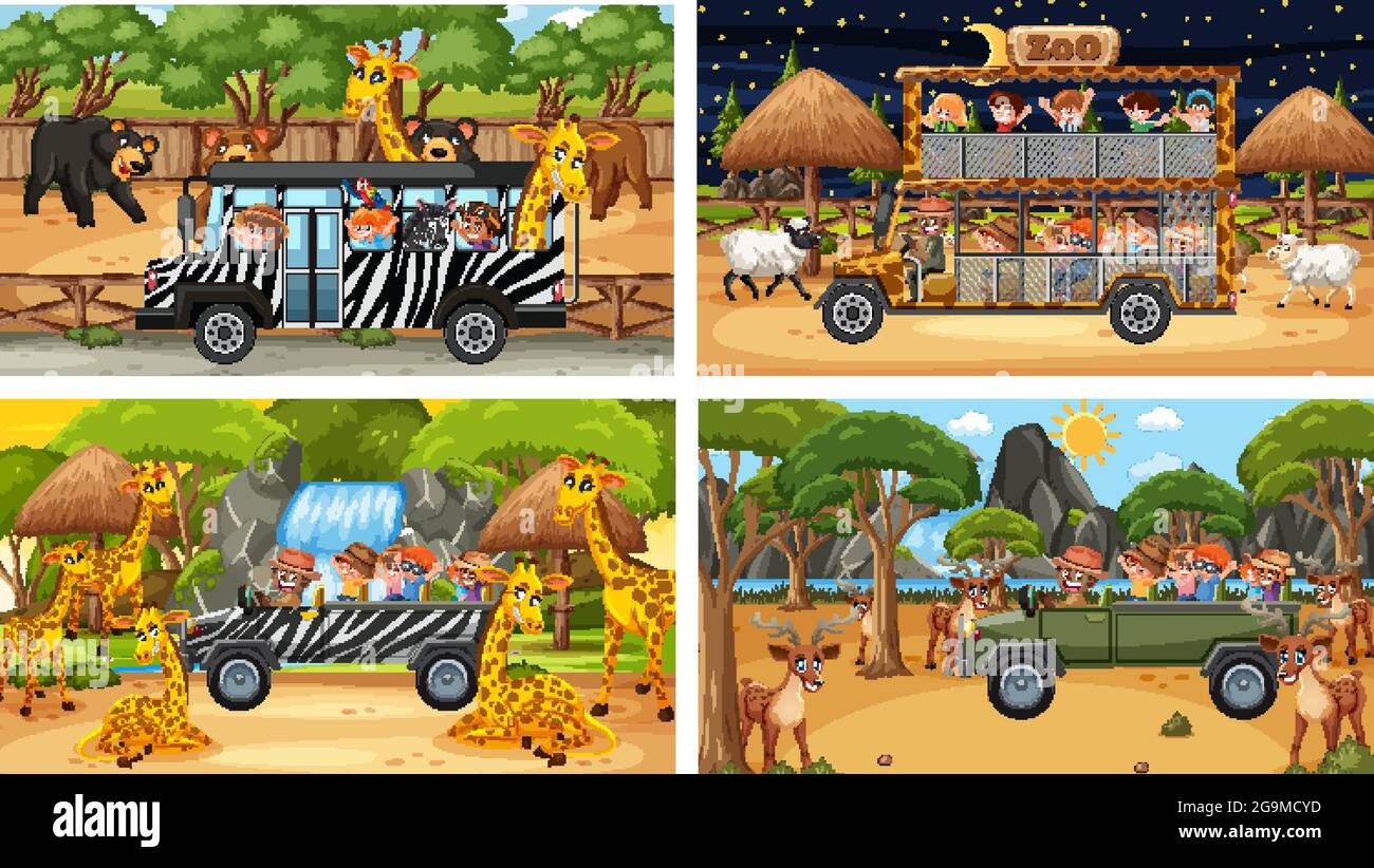 Set of different safari scenes with animals and kids cartoon character ...