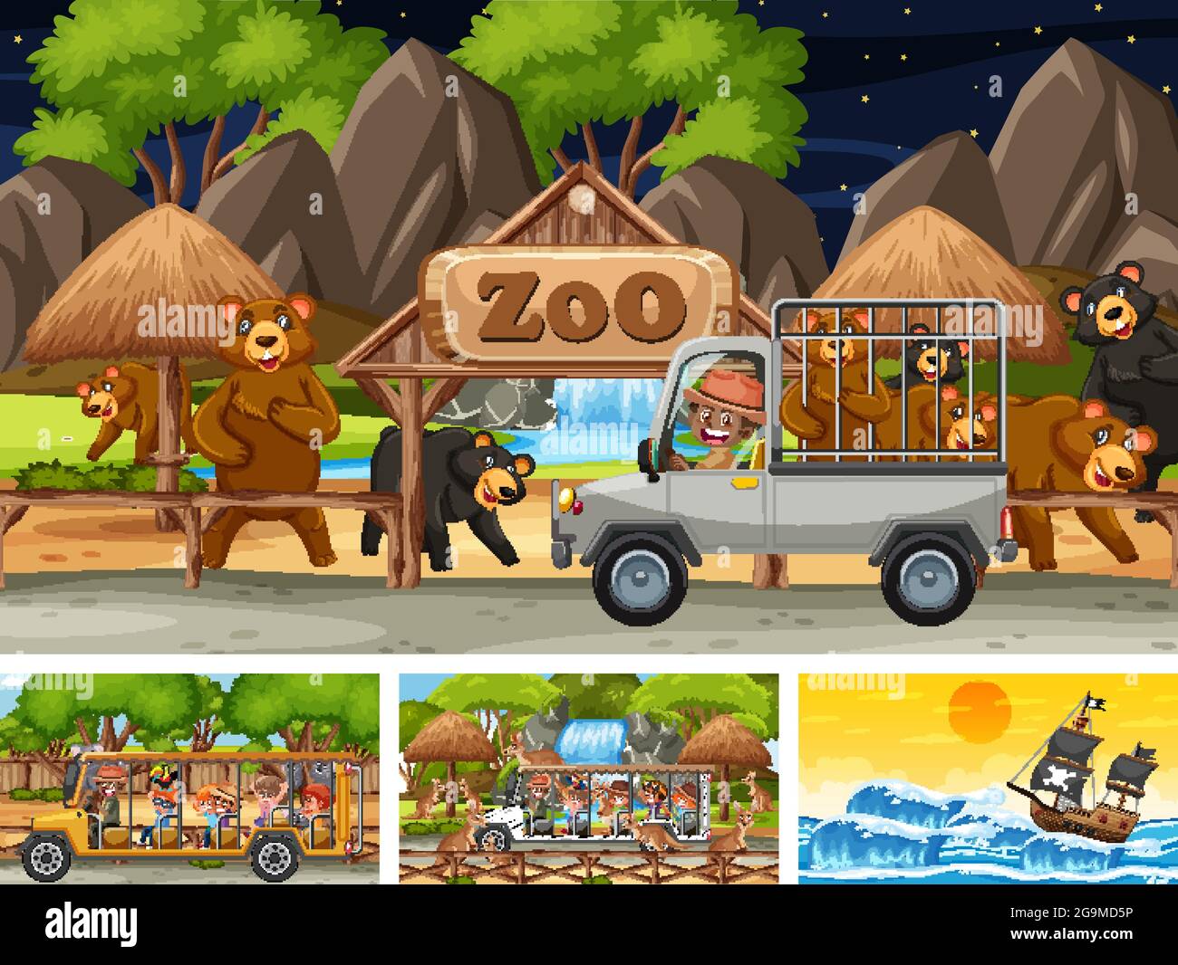 Set of different scenes with pirate ship at the sea and animals in the ...