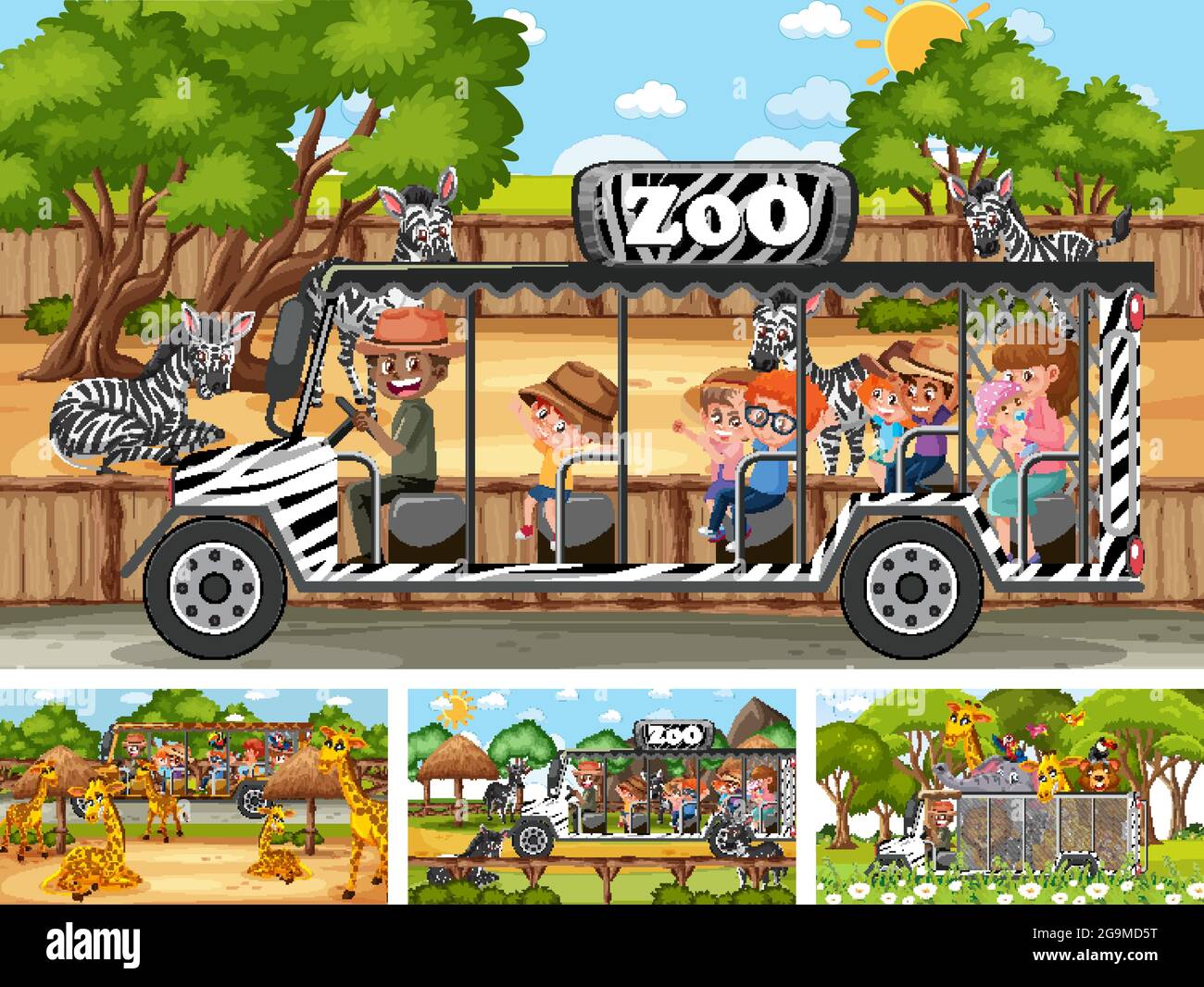 Four different zoo scenes with kids and animals illustration Stock ...