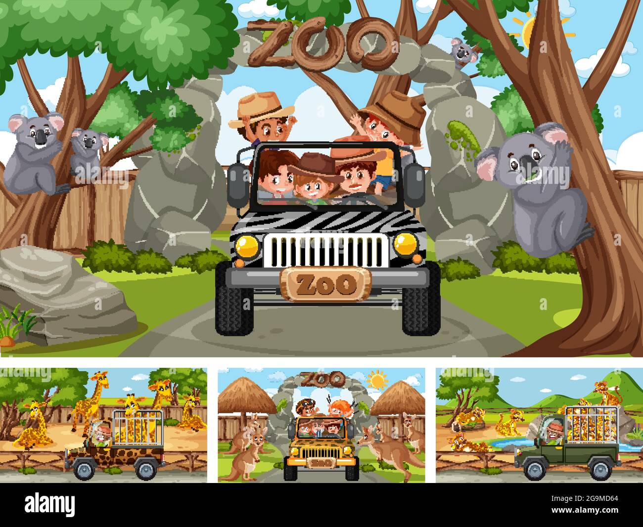 Four different zoo scenes with kids and animals illustration Stock ...