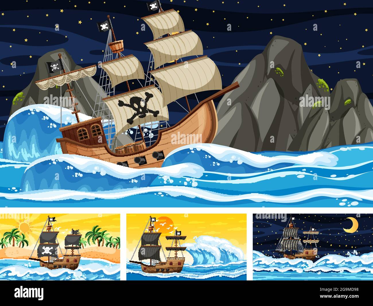 Set of Ocean with Pirate ship at different times scenes in cartoon ...