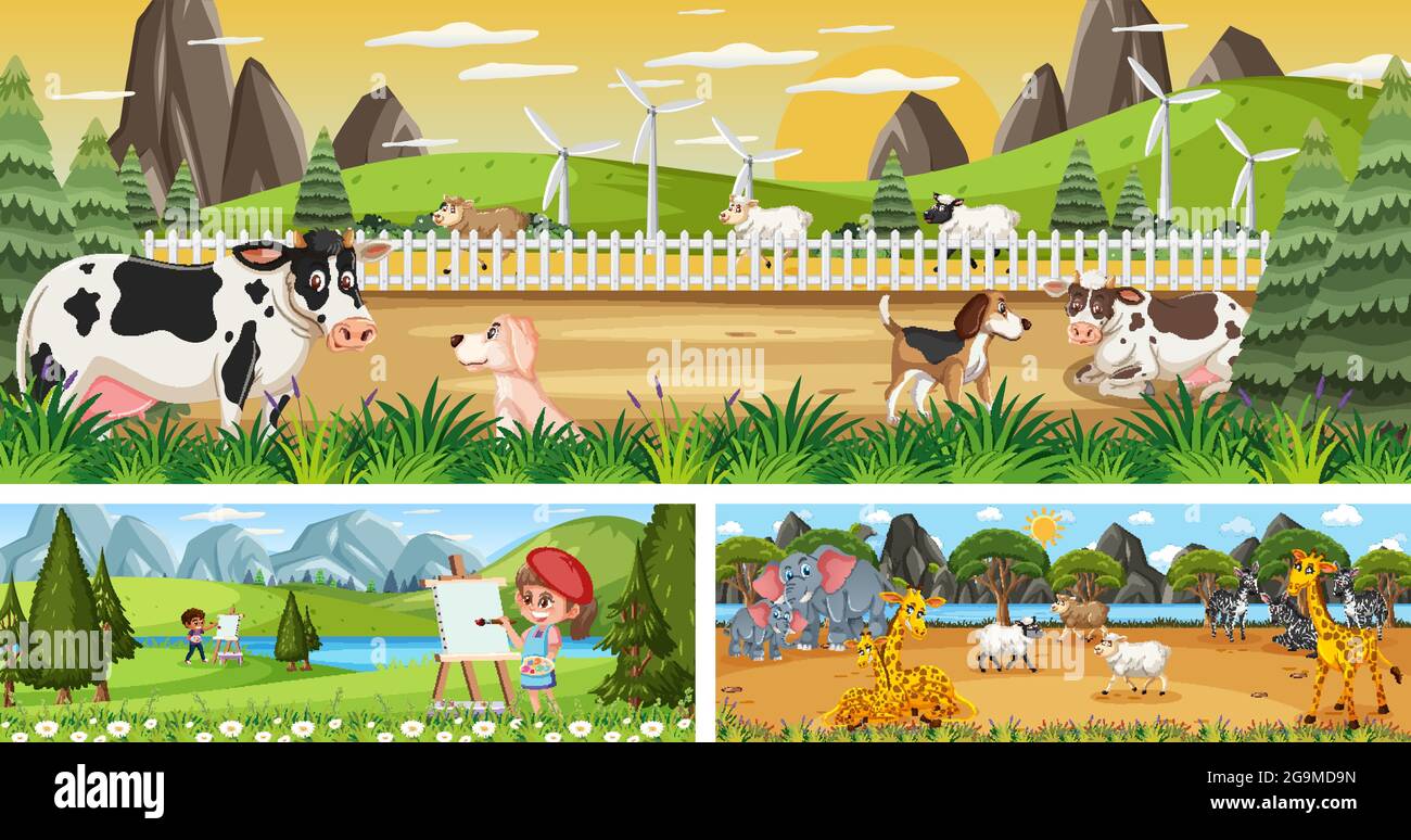 Set of different outdoor landscape scenes with cartoon character ...