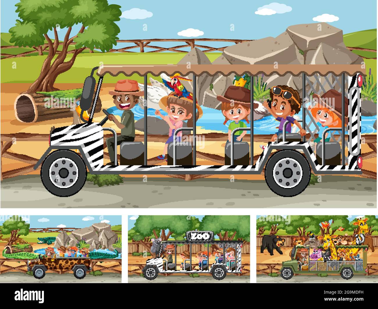 Different safari scenes with animals and kids cartoon character ...