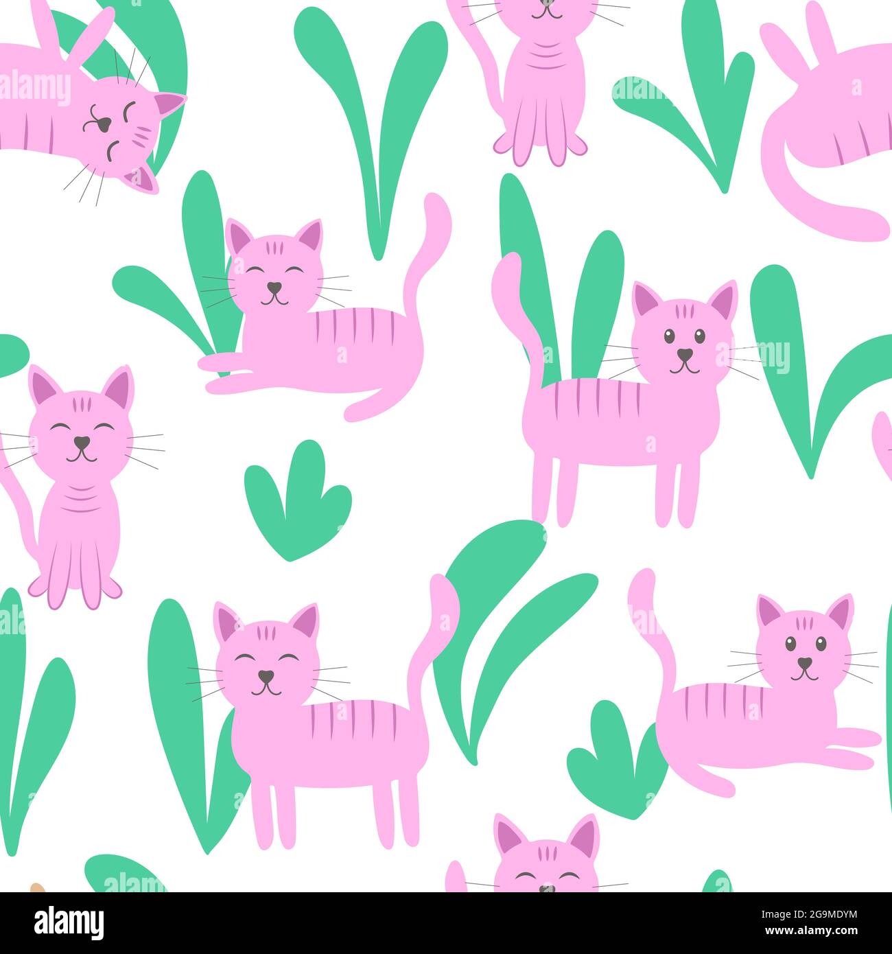 Seamless pattern of pink cats in different poses, vector illustration ...