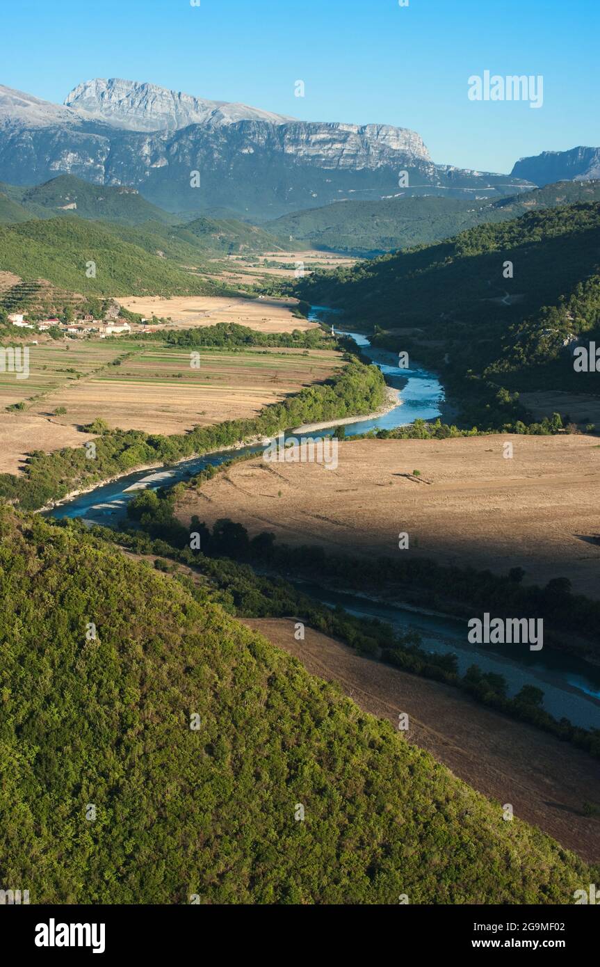 the Vjosa river flowing in a valley between the albanian mountains ...