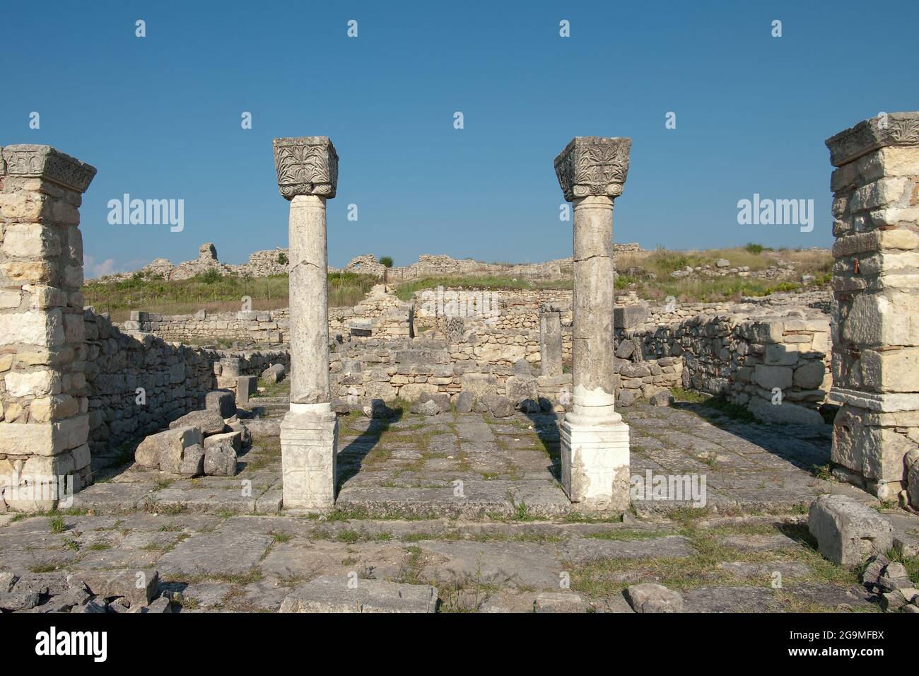 columns of episcopal complex in ancient city of Byllis, Albania Stock ...