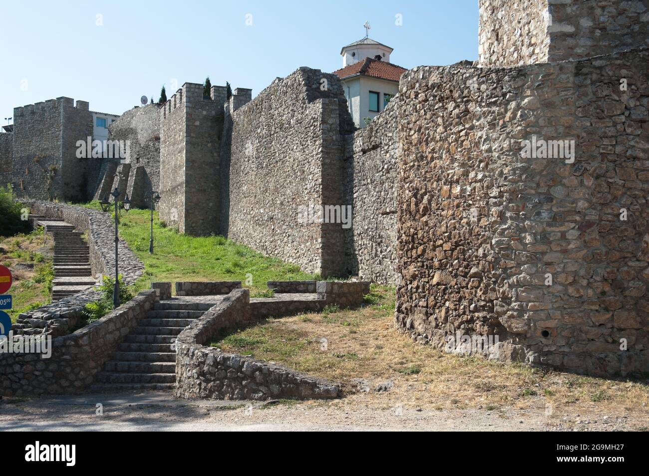 the massive turreted walls of Samuil castle near the UpperGate (Gorna ...