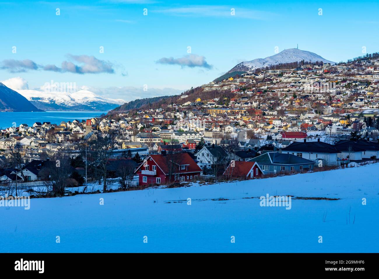 Rural houses with fjord and arctic mountains in Volda, Norway Stock ...