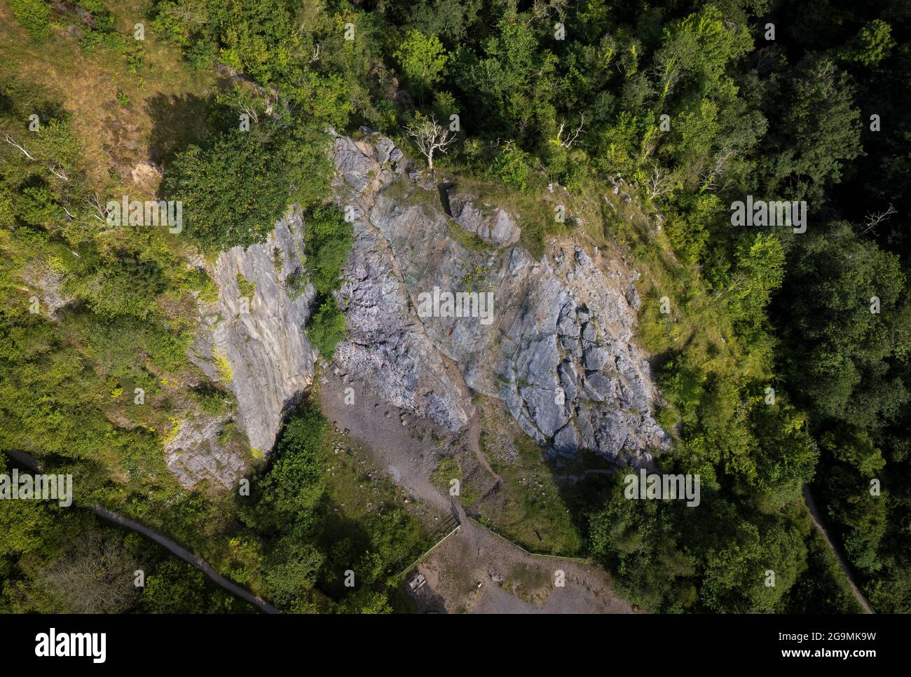 Drone view of Dinas Rock, a rock climbers paradise situated in ...