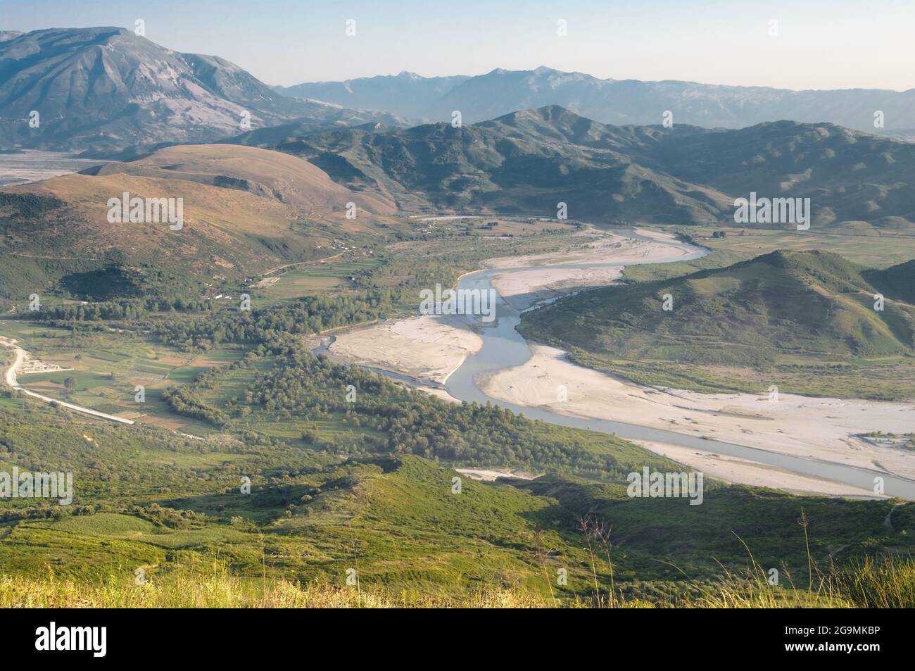 Vjosa River: aerial view of the valley from the ruins of Byllis ...