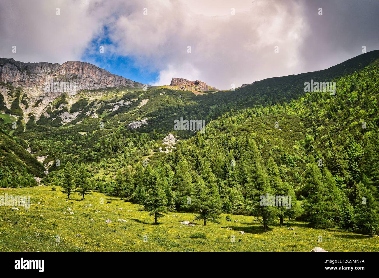 hiking path "Schlangenweg" on Rax mountain, austria. Steep peak, green ...
