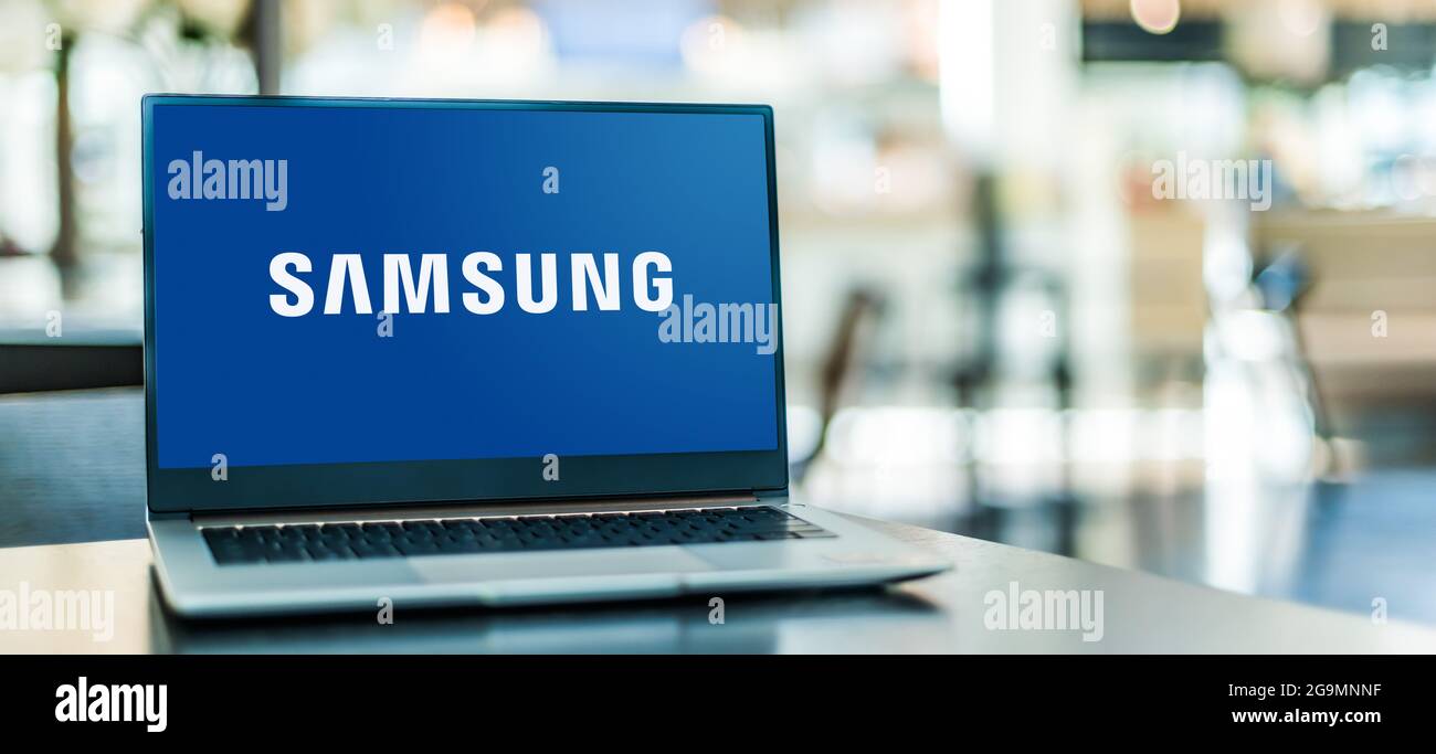POZNAN, POL - JUN 12, 2021: Laptop computer displaying logo of Samsung ...