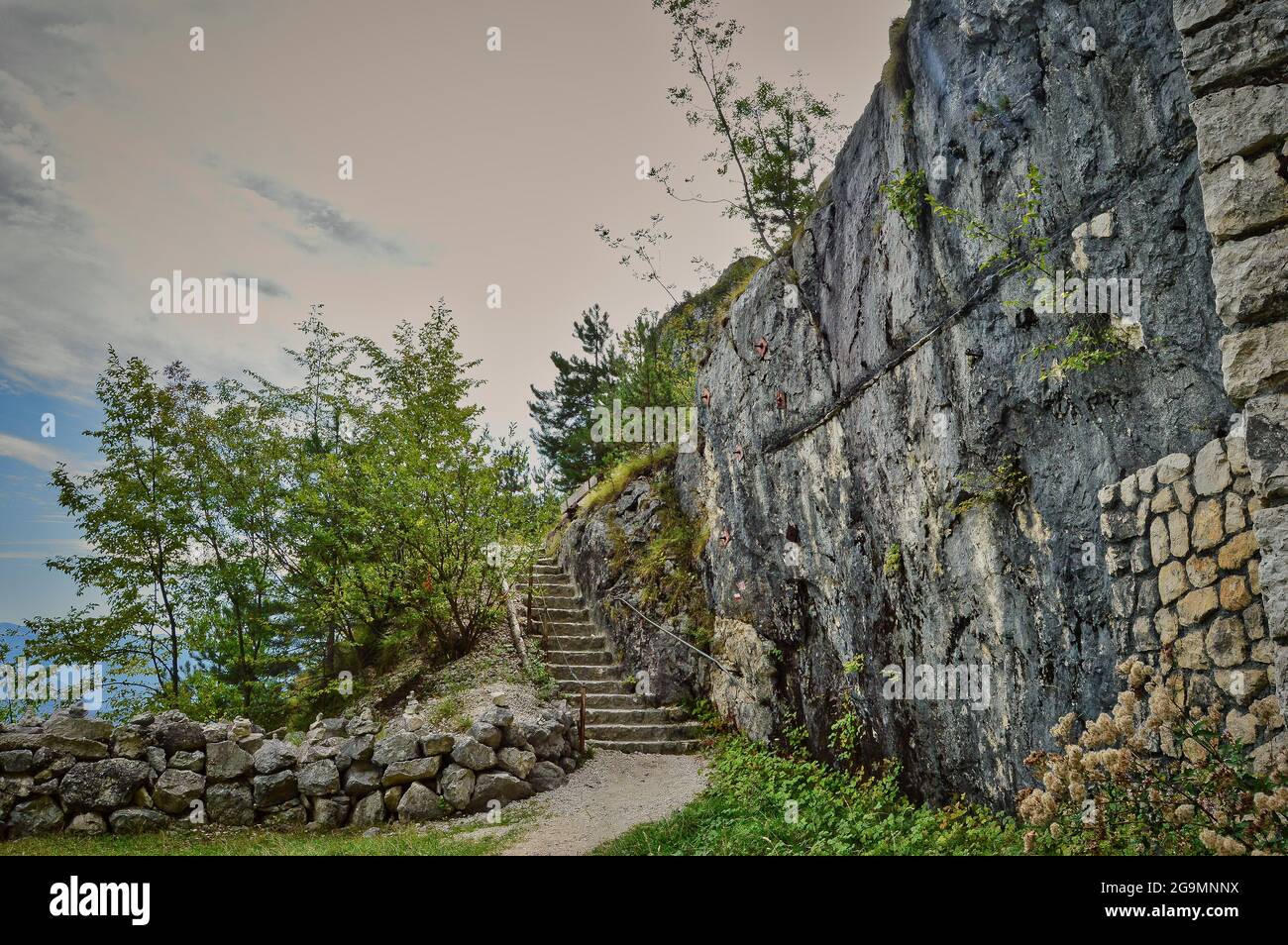 ancient hiking path, stairs and stone wall in the woods, Italy, Monte ...