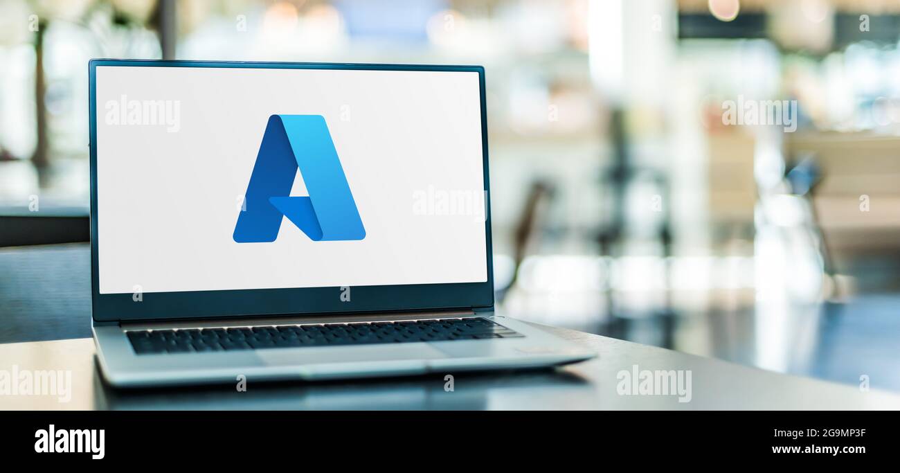 POZNAN, POL - JUL 3, 2021: Laptop computer displaying logo of Microsoft ...