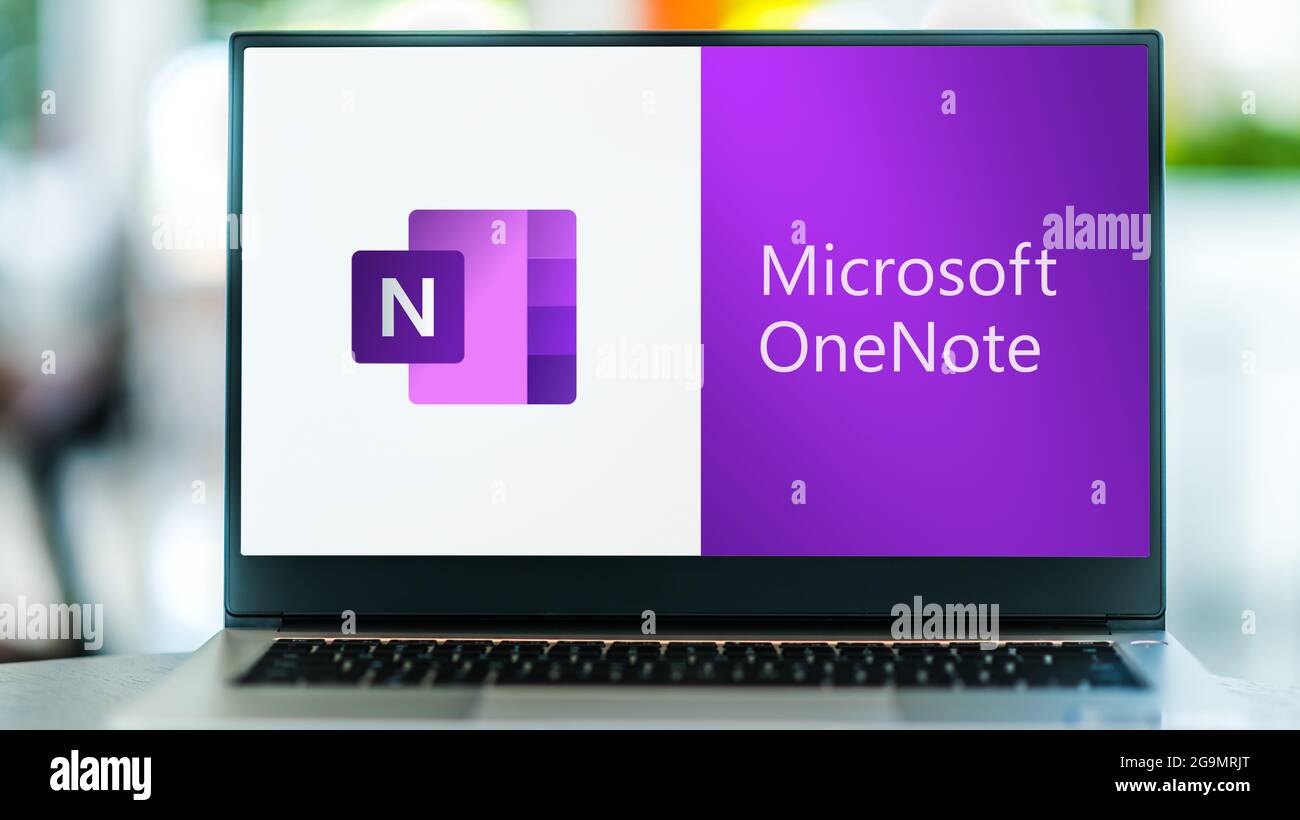 POZNAN, POL - JUL 3, 2021: Laptop computer displaying logo of Microsoft ...