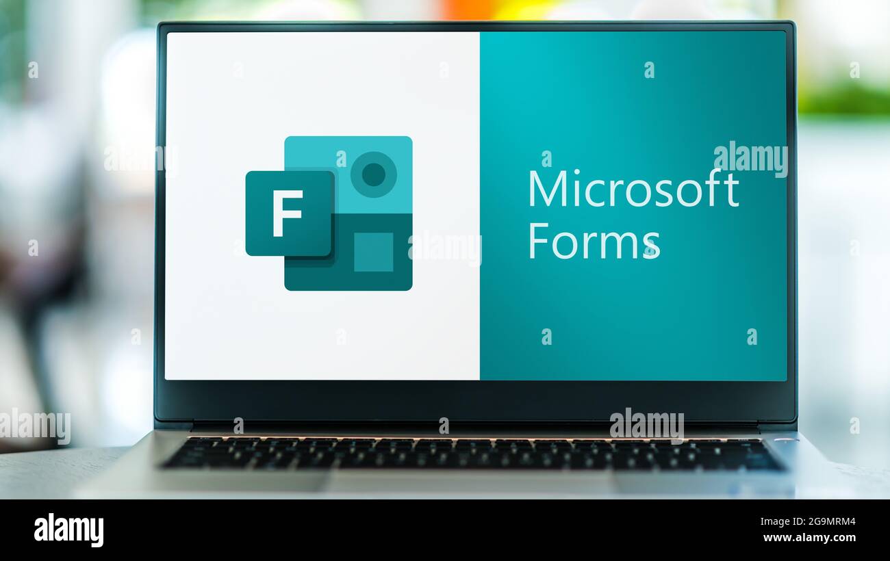 POZNAN, POL - JUL 3, 2021: Laptop computer displaying logo of Microsoft ...
