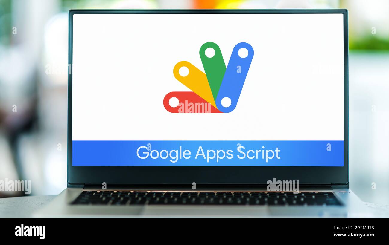 POZNAN, POL - JUL 10, 2021: Laptop computer displaying logo of Apps Script, a scripting platform ...