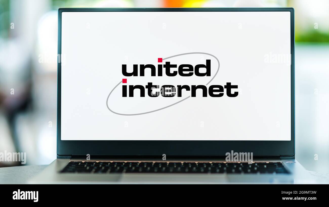 POZNAN, POL - JUL 10, 2021: Laptop computer displaying logo of United ...