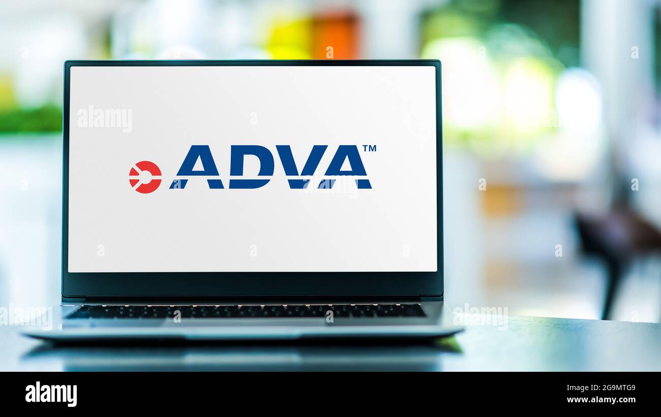 POZNAN, POL - JUL 10, 2021: Laptop computer displaying logo of ADVA, a ...