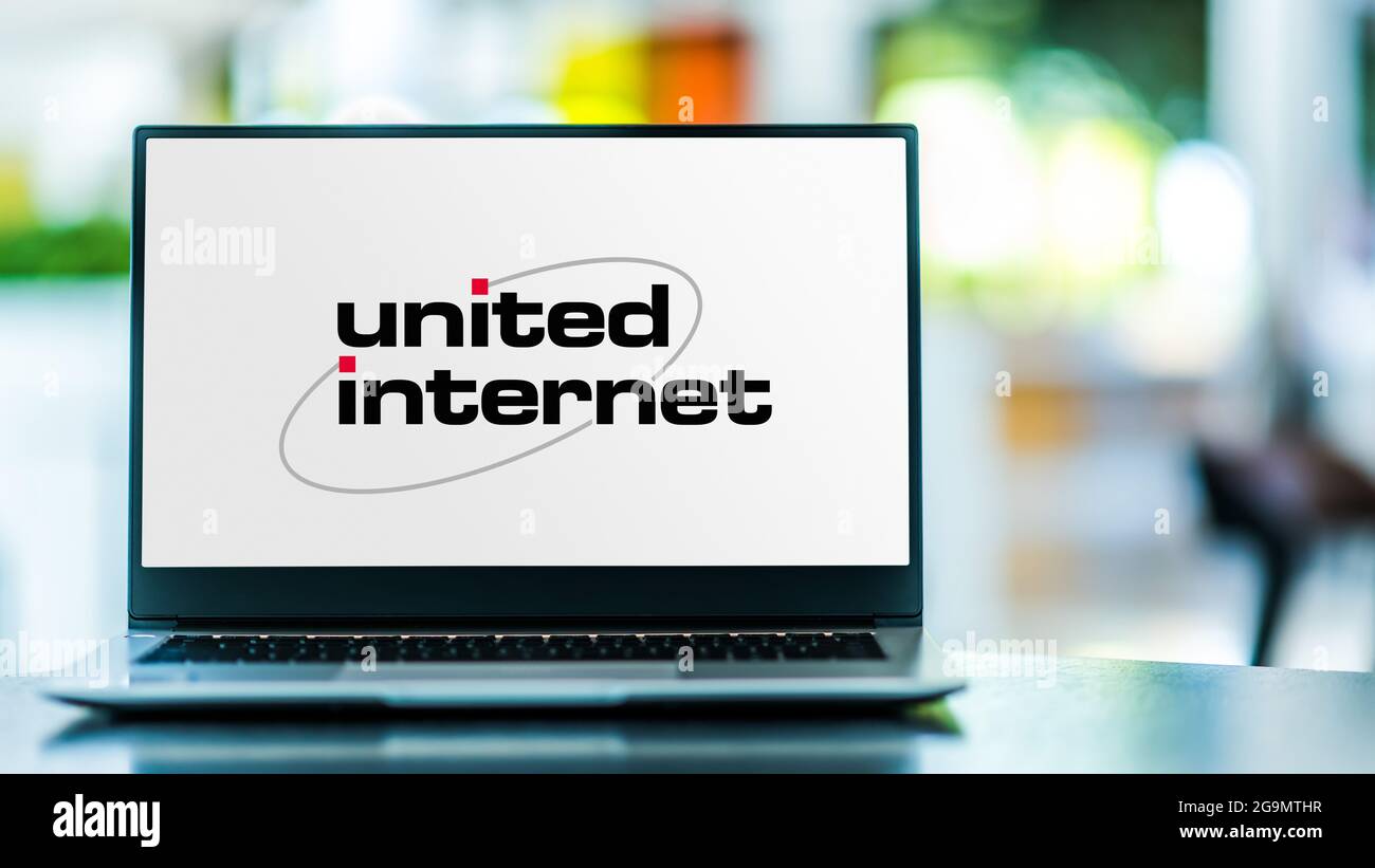 POZNAN, POL - JUL 10, 2021: Laptop computer displaying logo of United ...