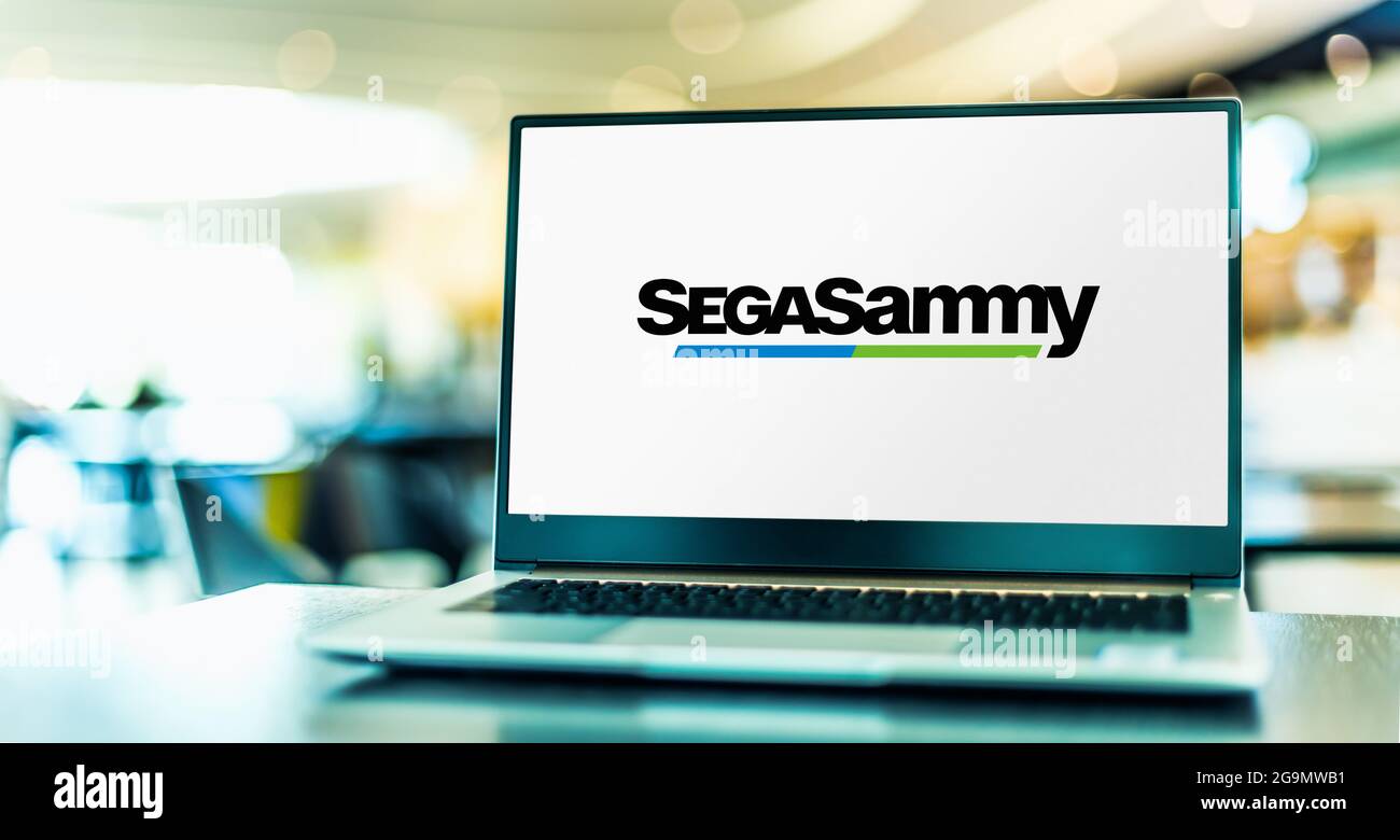 POZNAN, POL - JUL 3, 2021: Laptop computer displaying logo of Sega Sammy Holdings, a Japanese ...