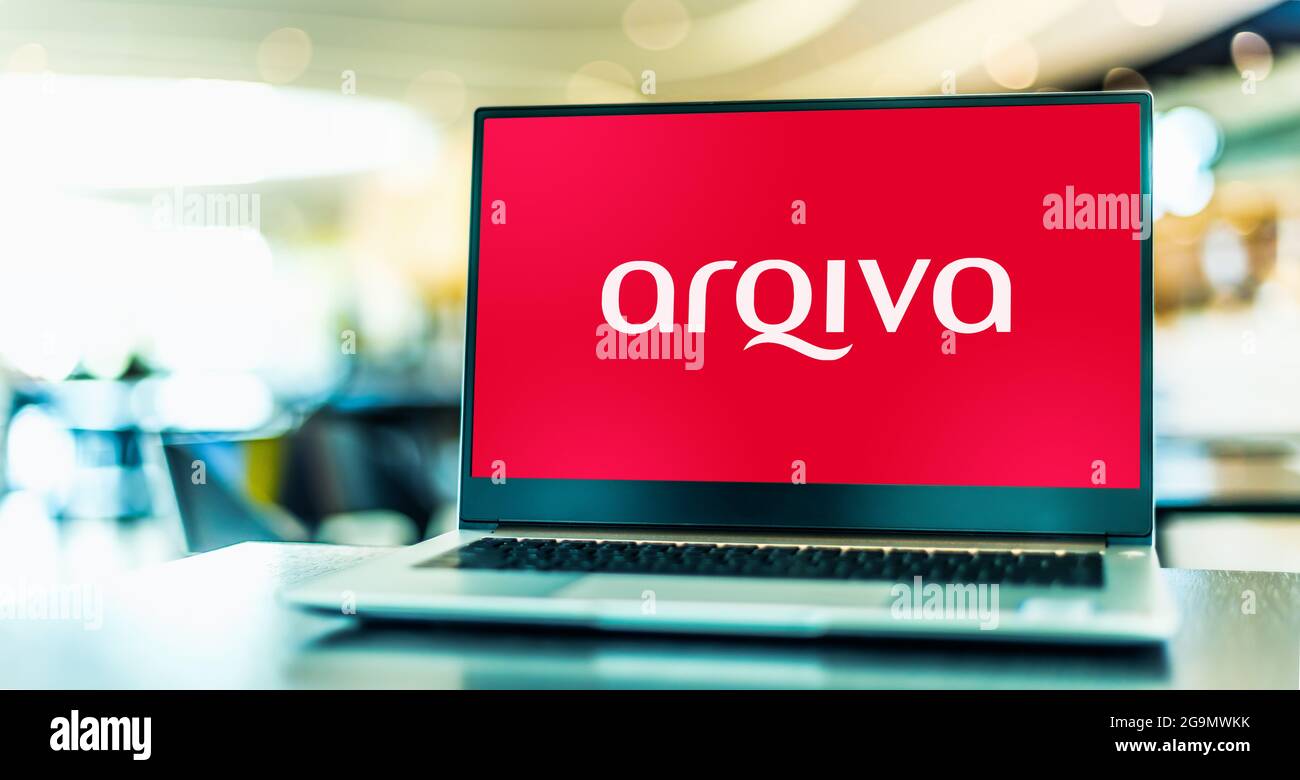 POZNAN, POL - JUL 10, 2021: Laptop computer displaying logo of Arqiva ...