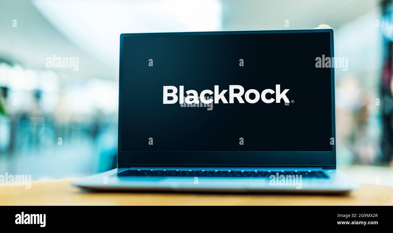 POZNAN, POL - JUL 3, 2021: Laptop computer displaying logo of BlackRock ...