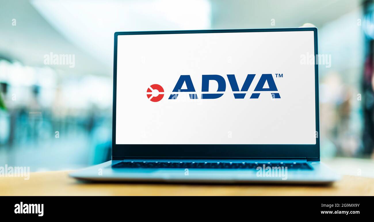 POZNAN, POL - JUL 10, 2021: Laptop computer displaying logo of ADVA, a ...