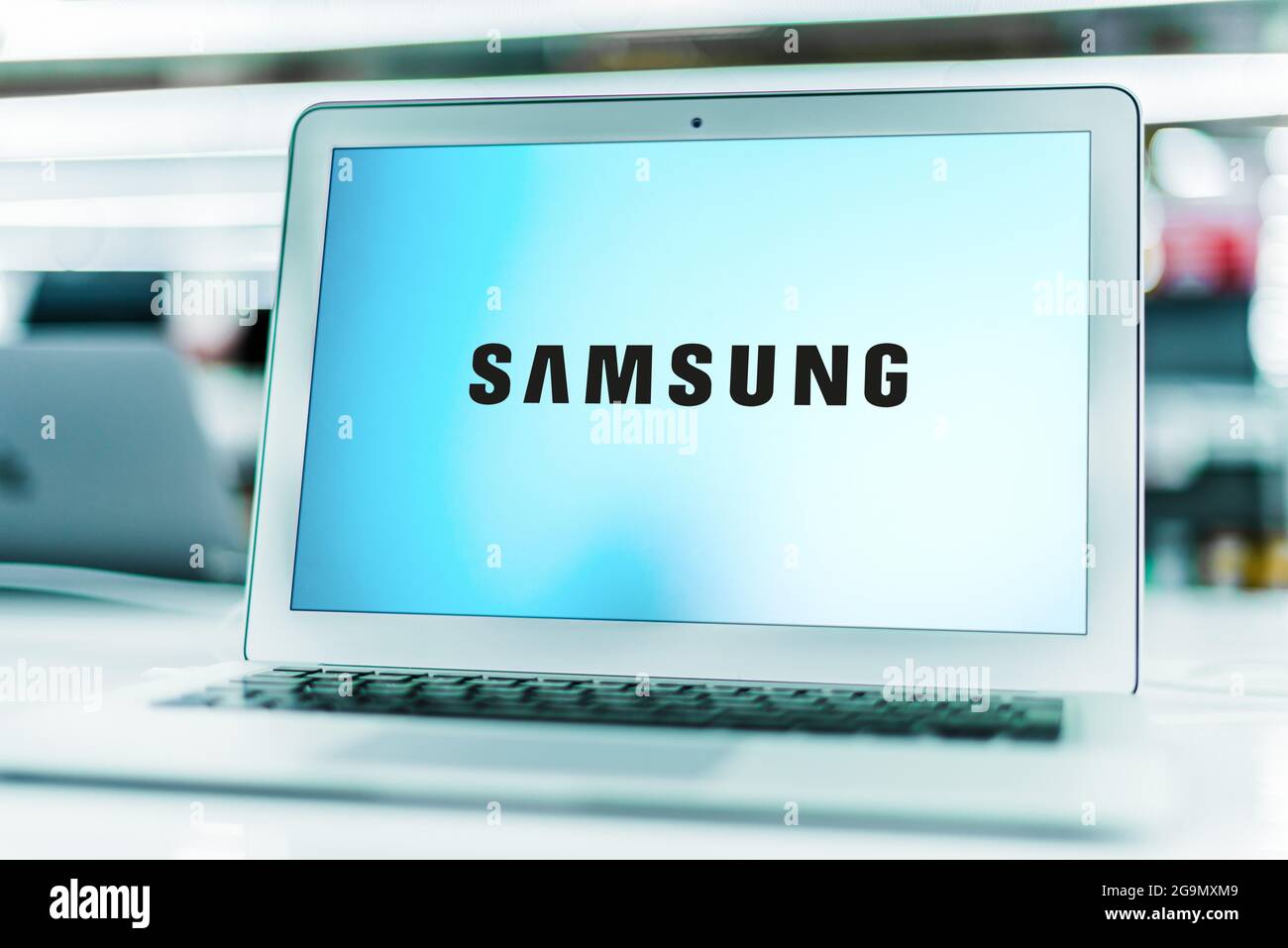 POZNAN, POL - JUN 12, 2021: Laptop computer displaying logo of Samsung ...