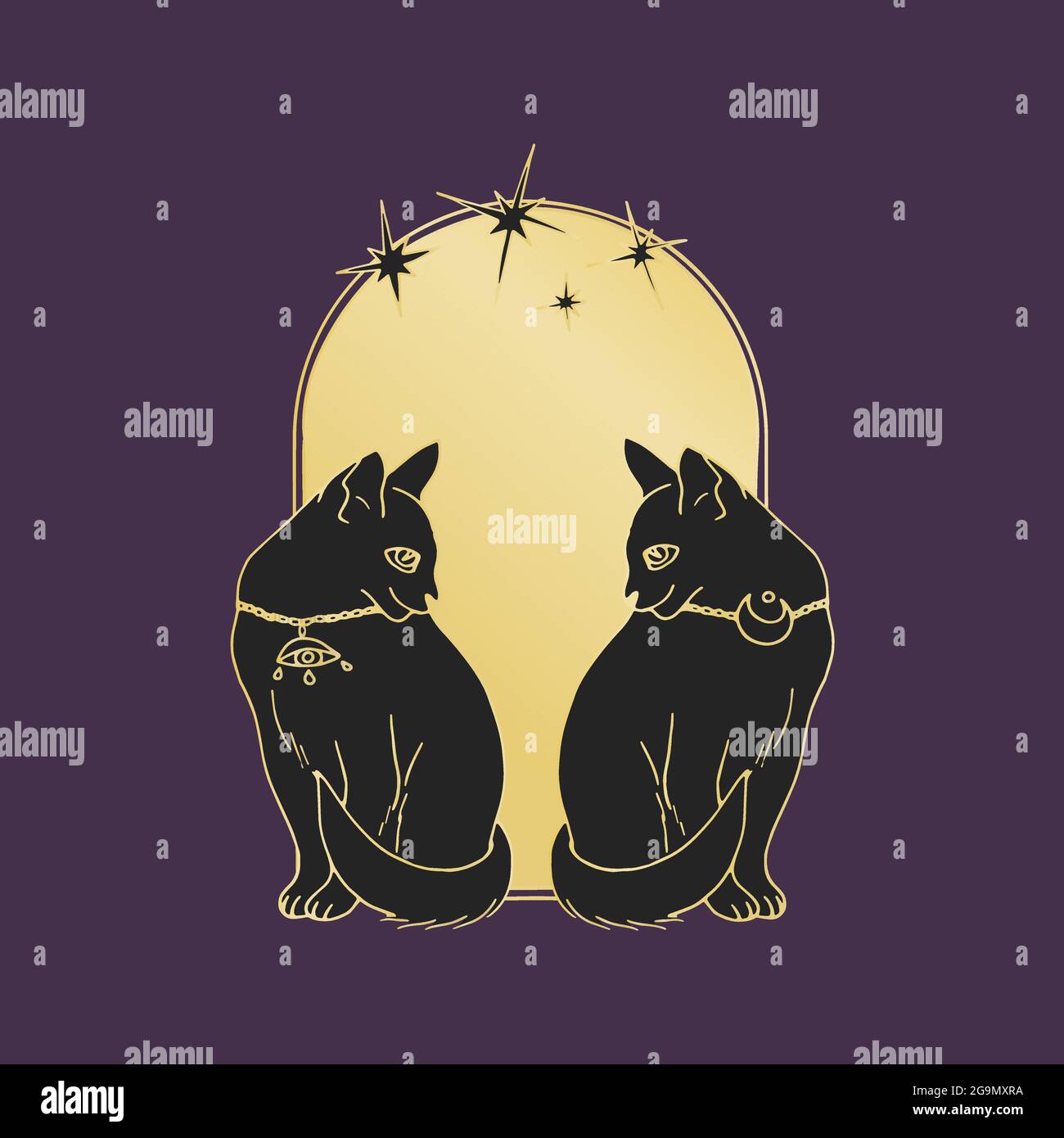 Vintage Mystic Cats inside arch decorated with stars Stock Vector Image ...