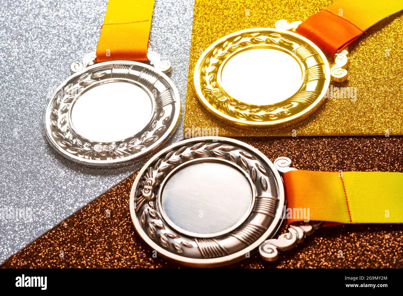 angle view set of gold silver and bronze award medals close up Stock ...