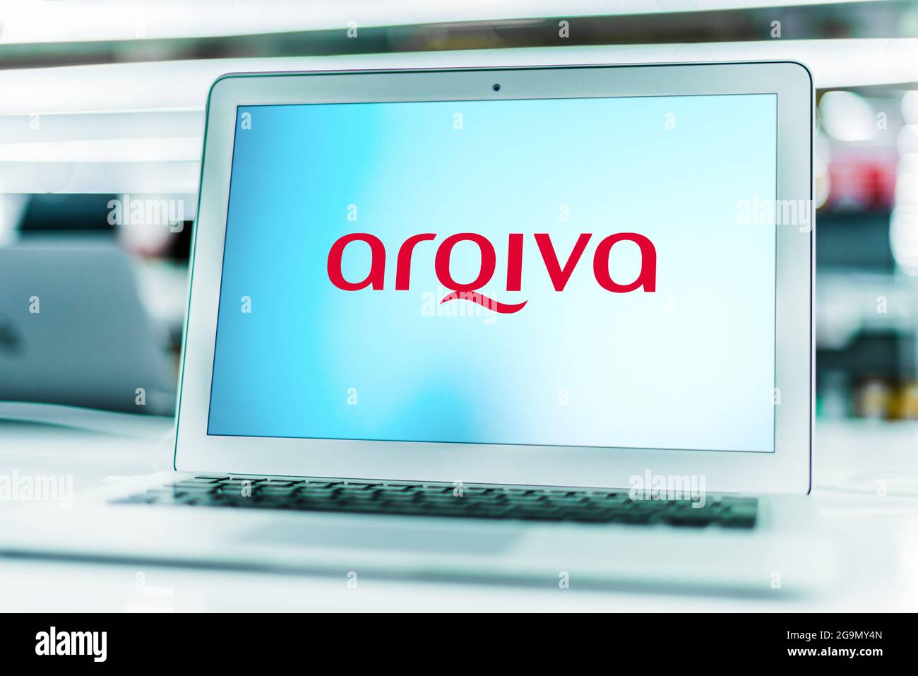 POZNAN, POL - JUL 10, 2021: Laptop computer displaying logo of Arqiva ...