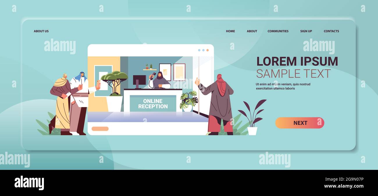 arab business people customers or travelers standing at online ...