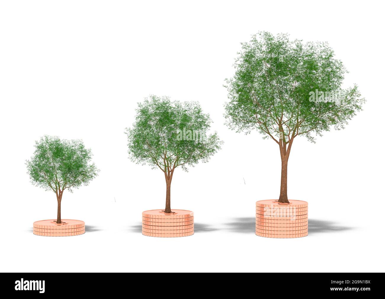 An illustration of stacks of coins, a growing graph with trees on a ...