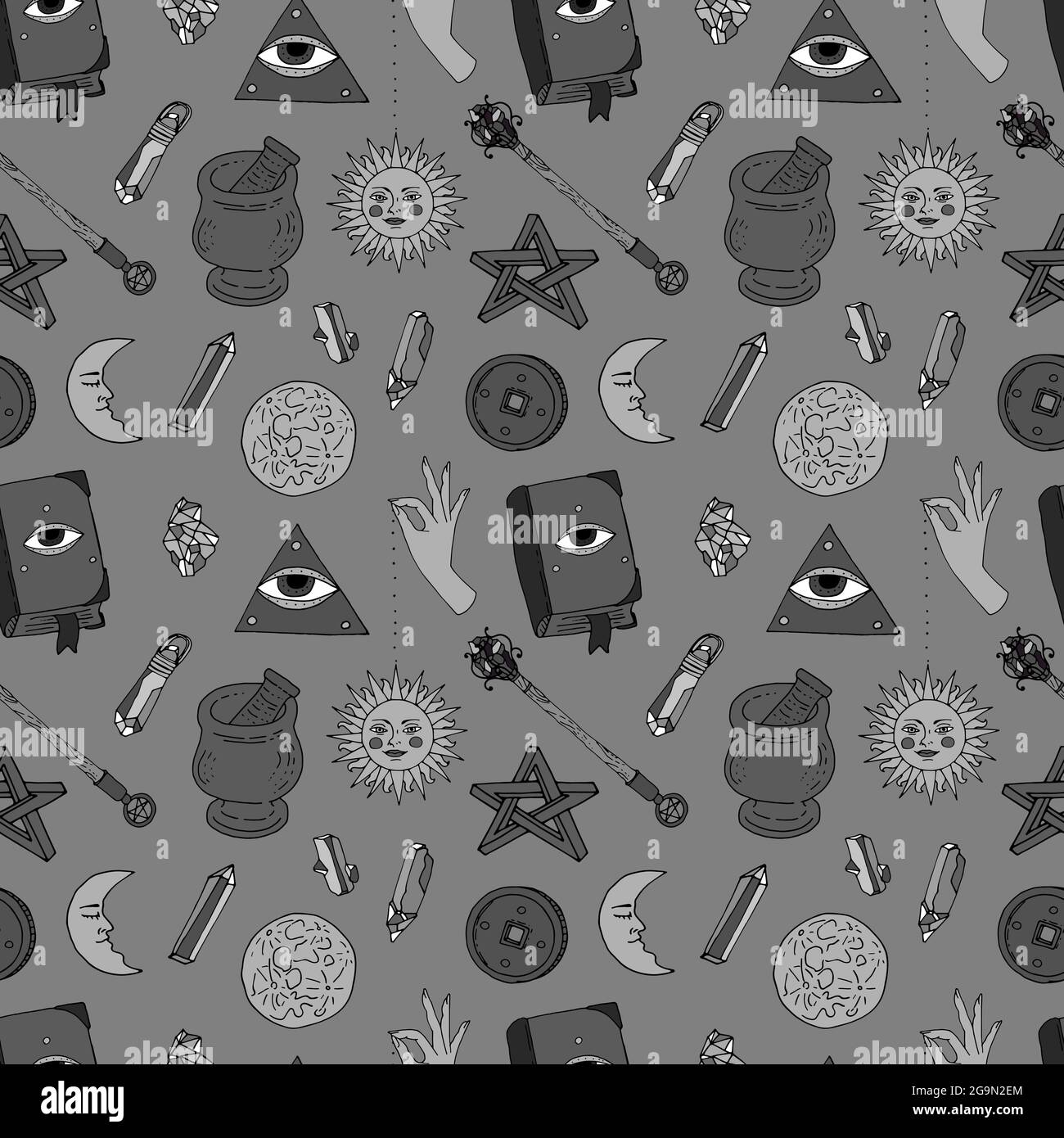 Seamless pattern with hand drawn doodle line art celestial bodies and ...