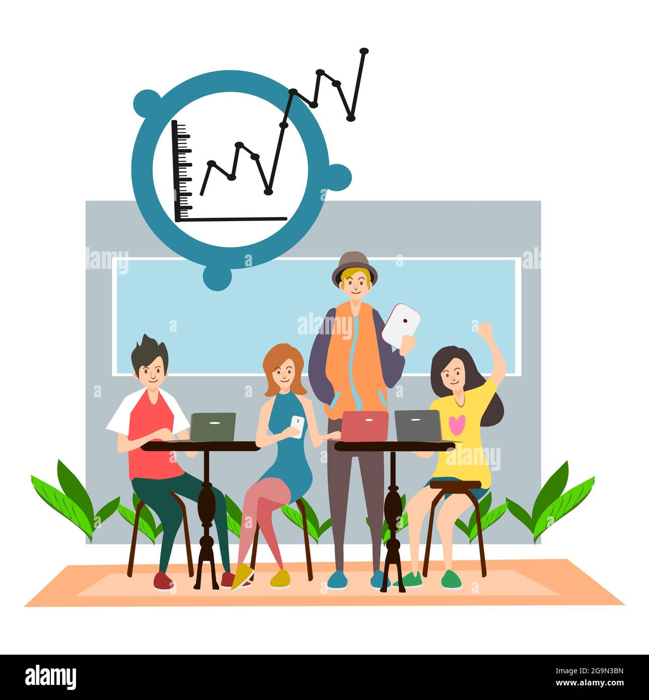 vector cartoon illustration graphic design of four young people working ...