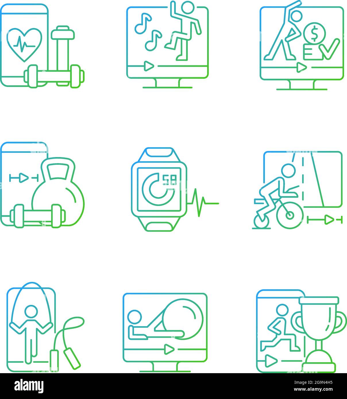Online fitness training apps gradient linear vector icons set Stock ...
