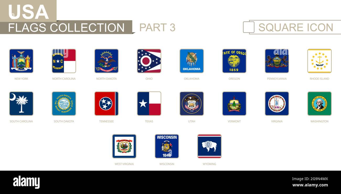Square flags of US States. Part 3 from New York to Wyoming. Vector ...