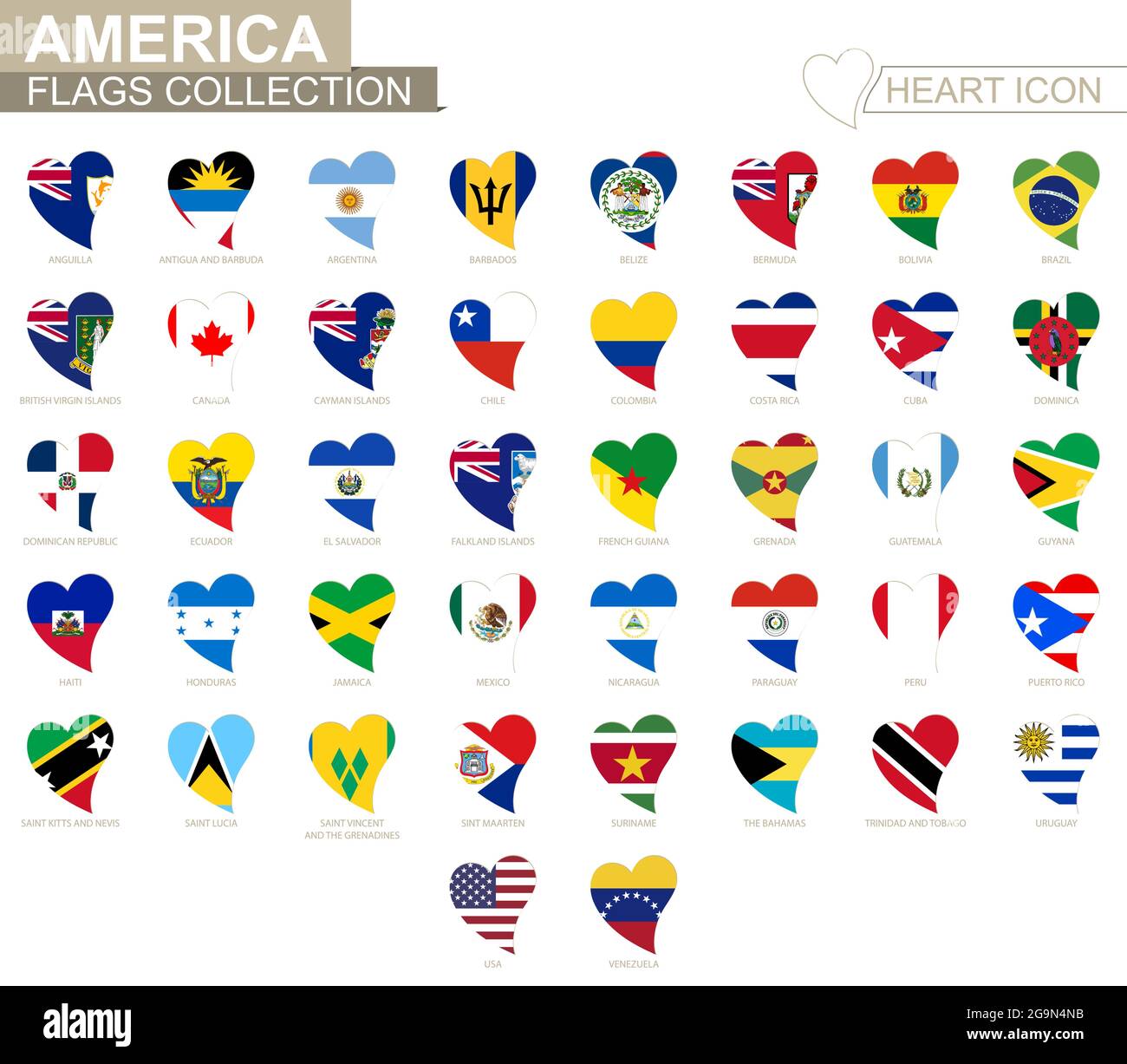 Vector flag collection of American countries. Heart icon set Stock ...