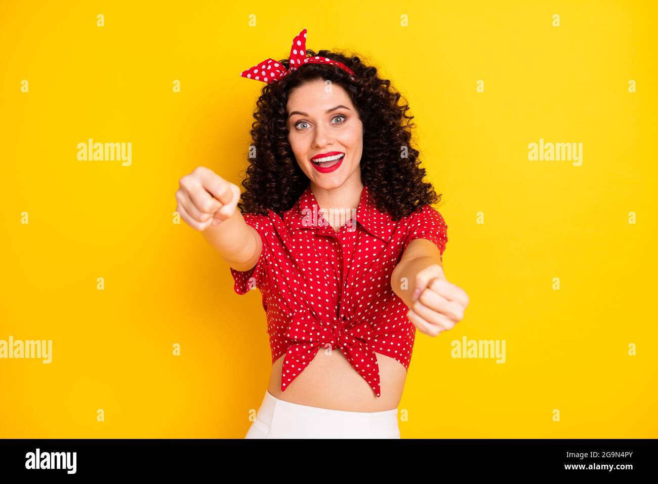 Photo of cute impressed brunette hair lady drive wear red top isolated ...