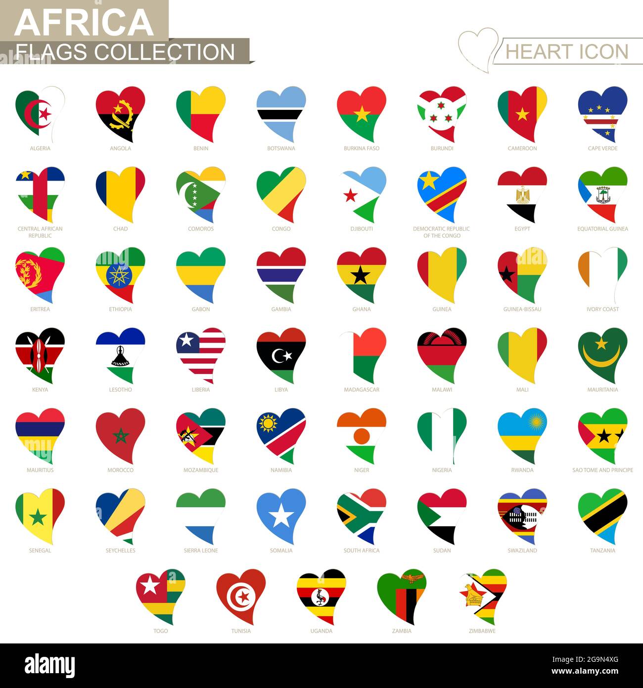 Vector flag collection of African countries. Heart icon set Stock ...